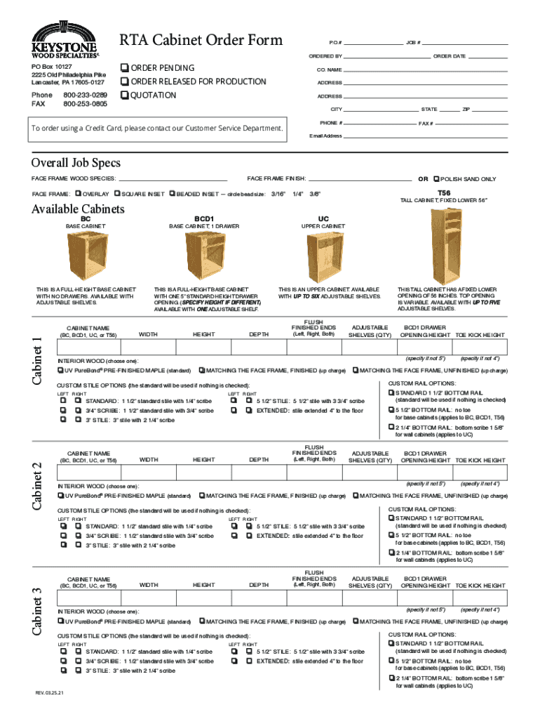 Fillable Online RTA Cabinet Order Form - Advanced Building Supply Fax ...