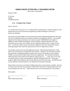 Fillable Online sample invitation letter for a j1 exchange scholar not ...