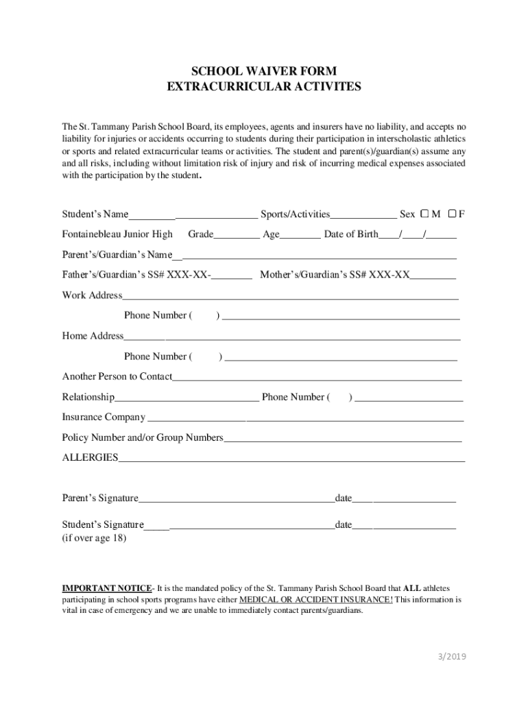 School waiver form - extracurricular activities: Fill out & sign online | DocHub