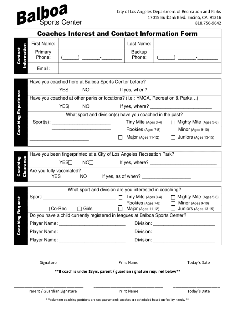 Fillable Online BALBOA SPORTS COMPLEX - Los Angeles - LAParks.org Fax Email Print - pdfFiller