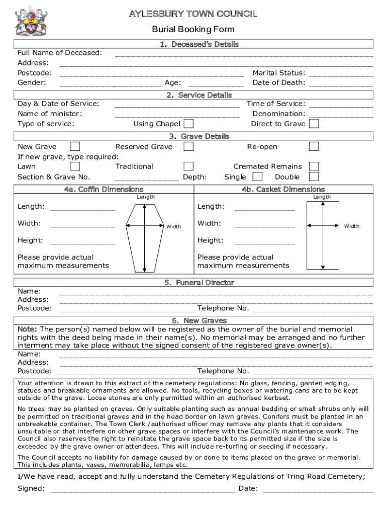 Fillable Online Burial Booking Form Fax Email Print - pdfFiller