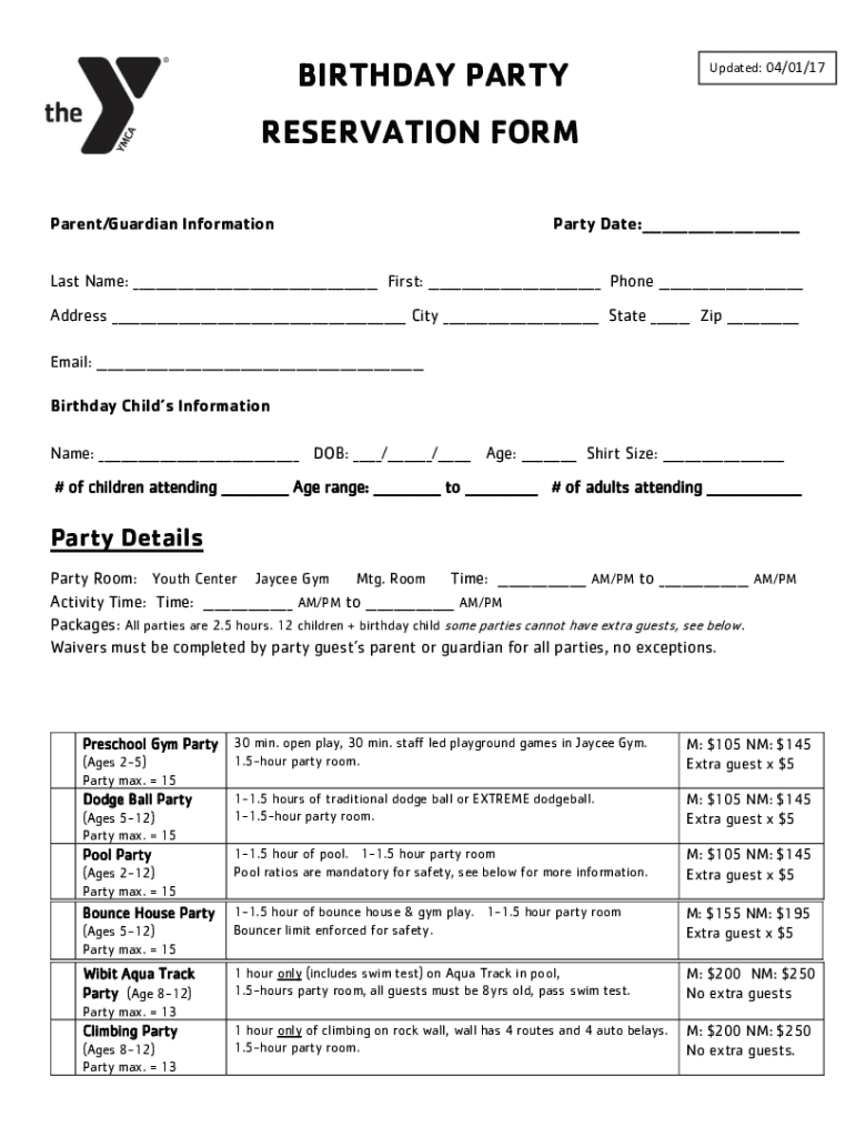 Fillable Online YMCA Birthday Party Request Form Fax Email Print ...