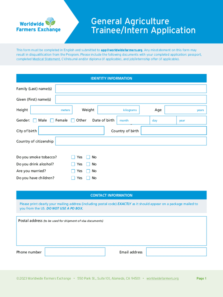 Fillable Online Agricultural Intern Application Form Fax Email Print ...