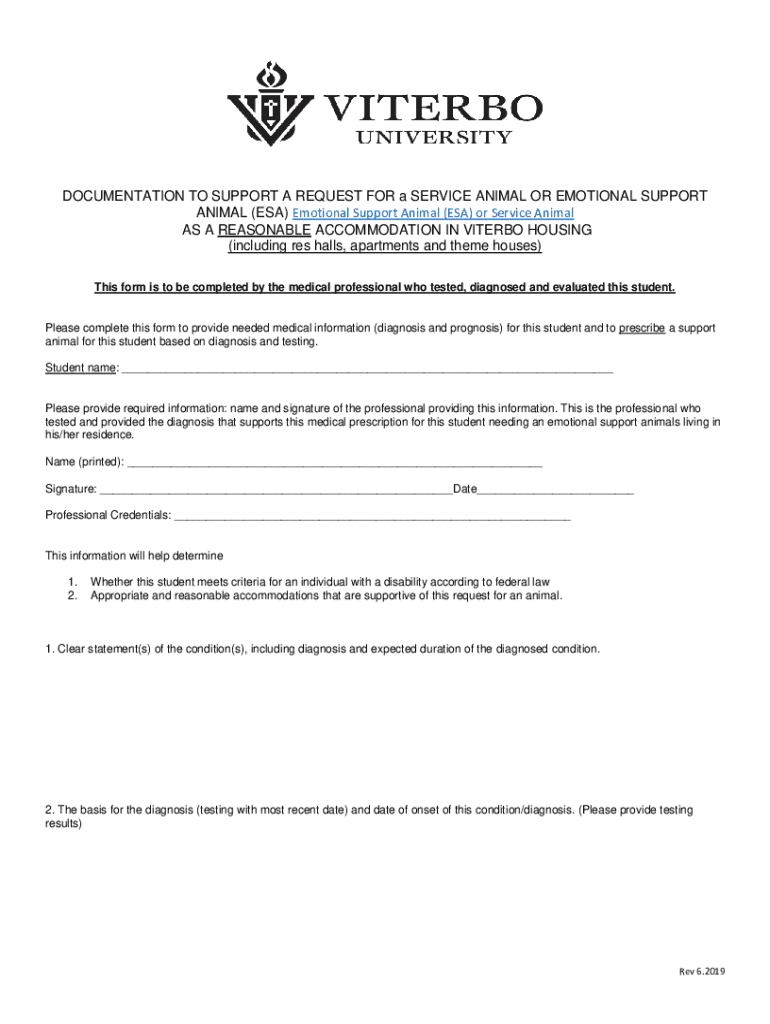 Fillable Online Request For An (ESA) or Service Animal to Live On ...
