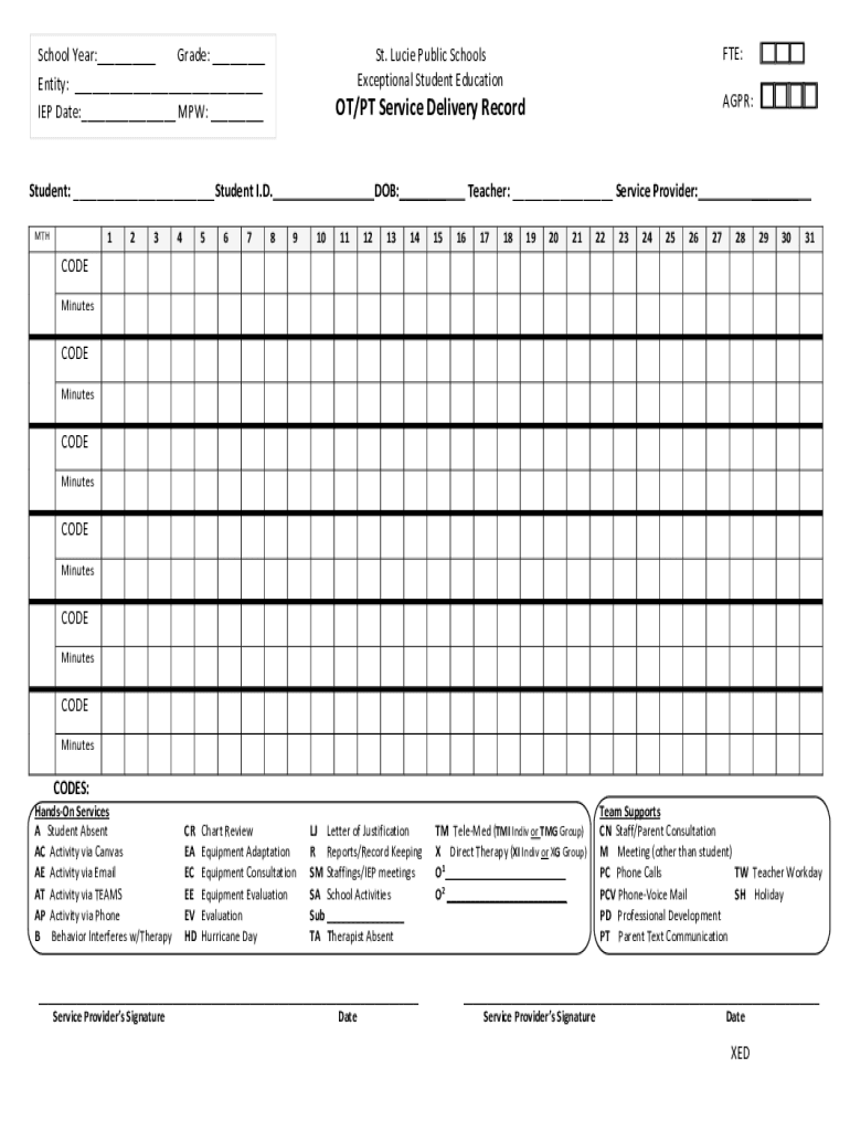 Fillable Online OT-PT ATTENDANCE Tracker revised Fax Email Print ...