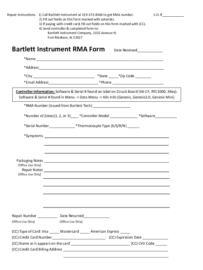 Fillable Online Bartlett Instrument RMA Form Date ... Fax Email Print ...