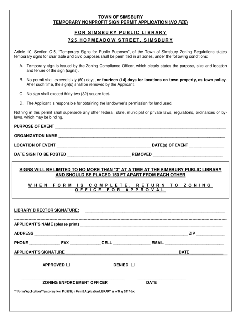 Fillable Online TOWN OF SIMSBURY TEMPORARY NON-PROFIT SIGN ... Fax ...