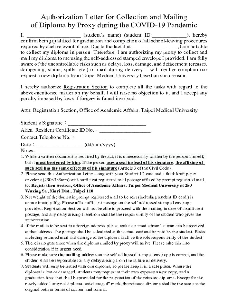 Fillable Online Authorization Letter for Collection and Mailing of ...