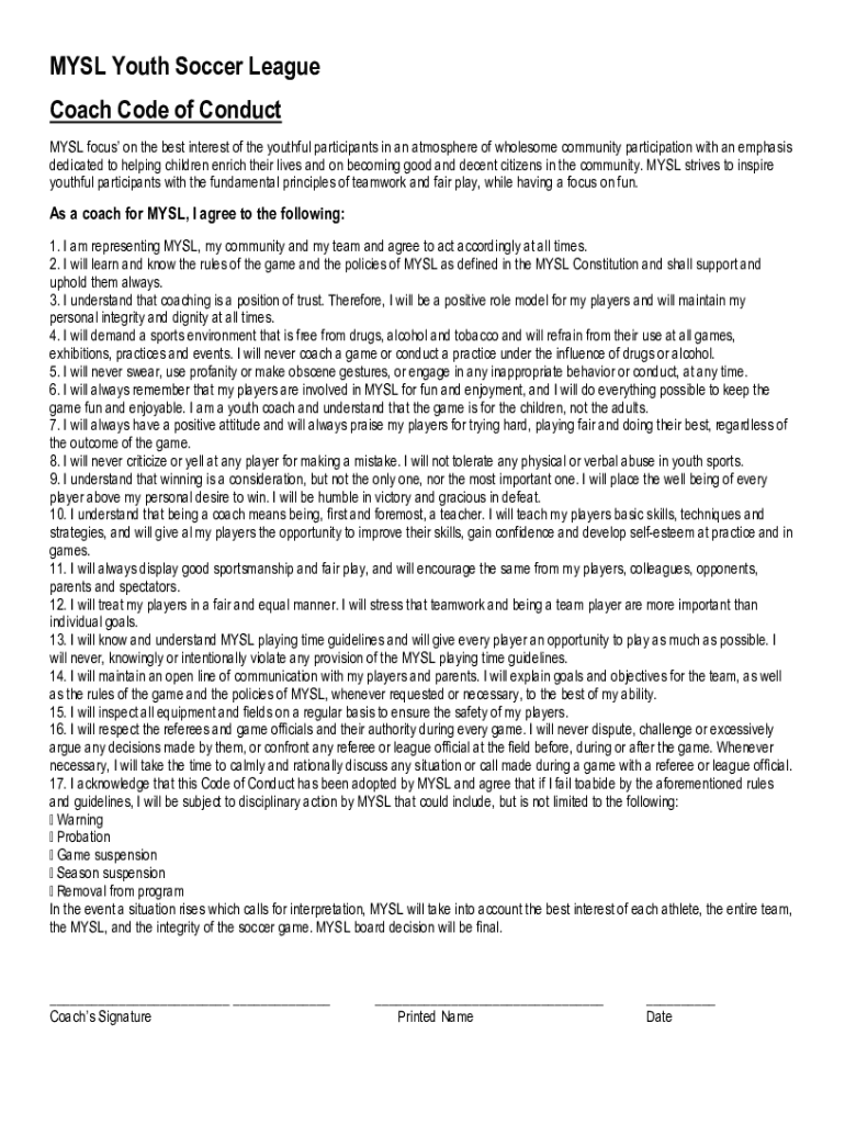 Fillable Online MYSL Youth Soccer League Coach Code of Conduct Fax ...