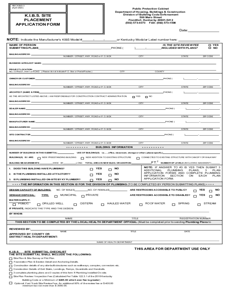 Fillable Online dhbc ky K.I.B.S. SITE PLACEMENT APPLICATION FORM Fax ...