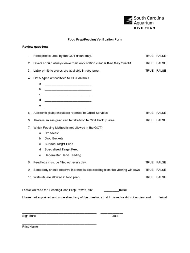 Fillable Online Food Prep/Feeding Verification Form Fax Email Print ...