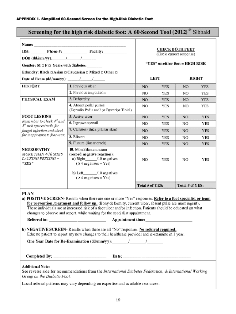 Fillable Online Simplified 60 Second Screen for the HIGH RISK DIABETIC ...