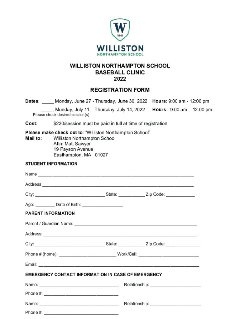 Fillable Online Baseball Clinic 2022 Registration Form Fax Email Print ...