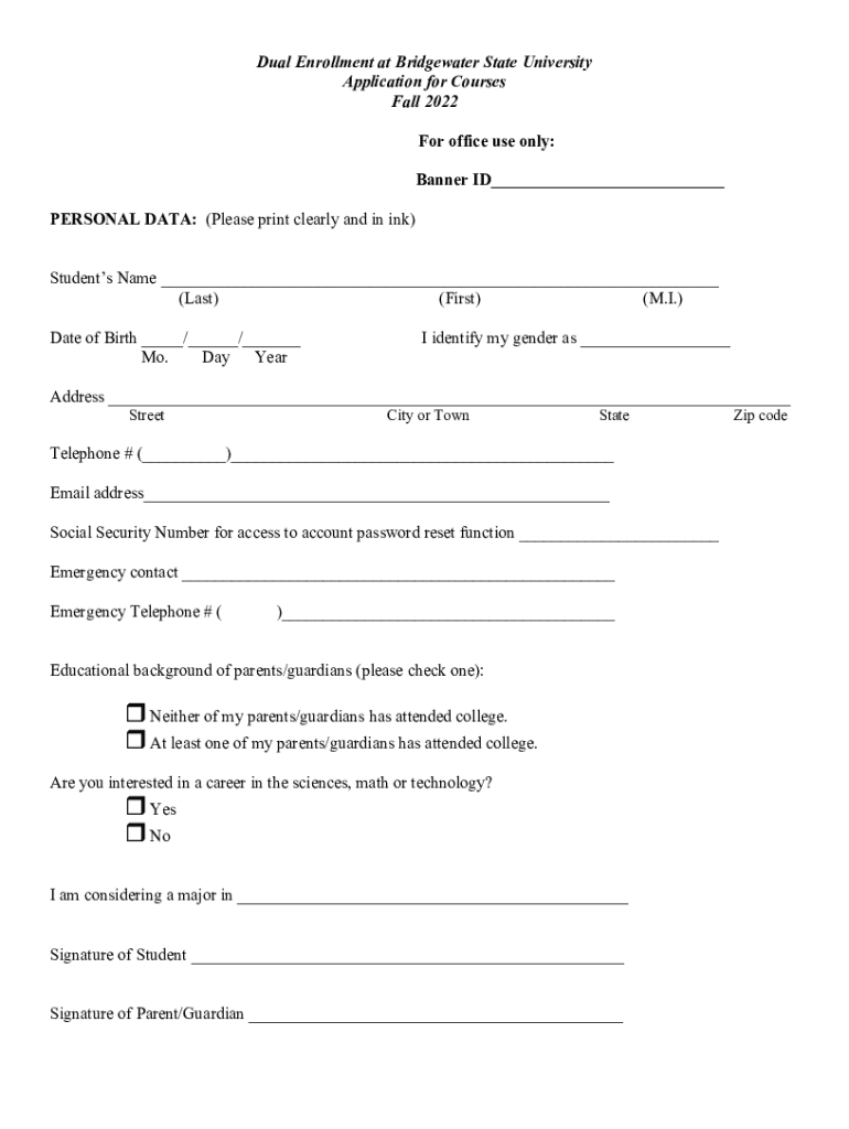Fillable Online Fall 2022 Dual Enrollment Application at Bridgewater ...