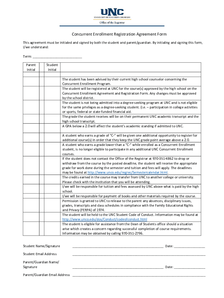 Fillable Online Concurrent Enrollment Registration Agreement Form Fax Email Print - pdfFiller