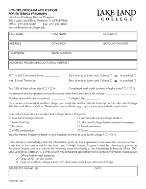 Fillable Online Honors Program Application for Entering Freshmen Fax ...