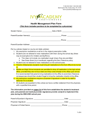 Fillable Online Health Management Plan Form 2021 Fax Email Print ...