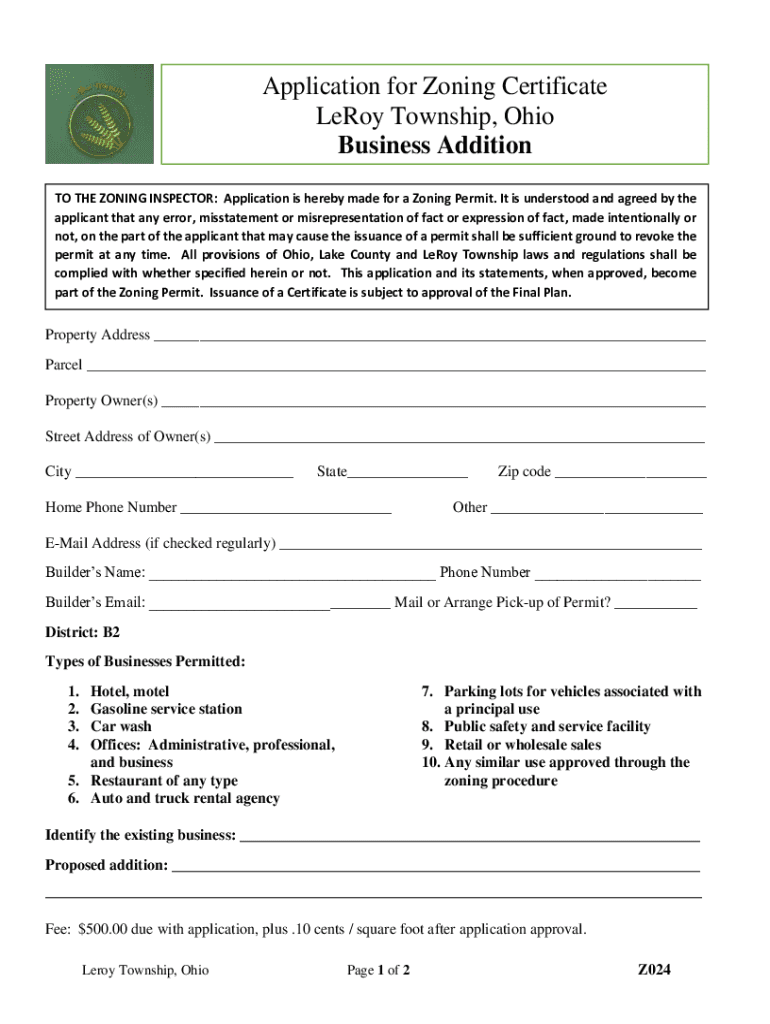 Fillable Online Application for Zoning Certificate LeRoy ... Fax Email ...