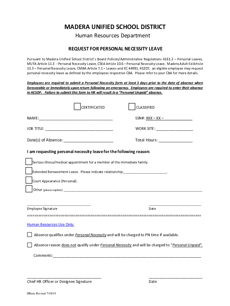 Fillable Online Request for Personal Necessity Leave Form Fax Email ...