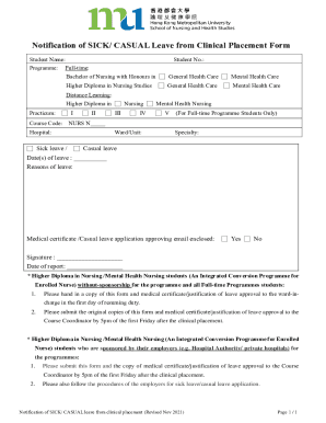Fillable Online Notification of Sick or Casual leave from placement ...