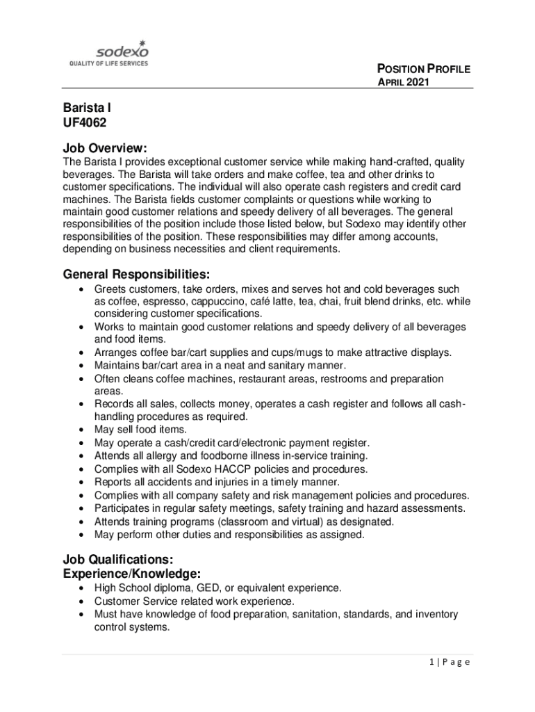 Fillable Online Barista Job Description Templates for an All-Star ...