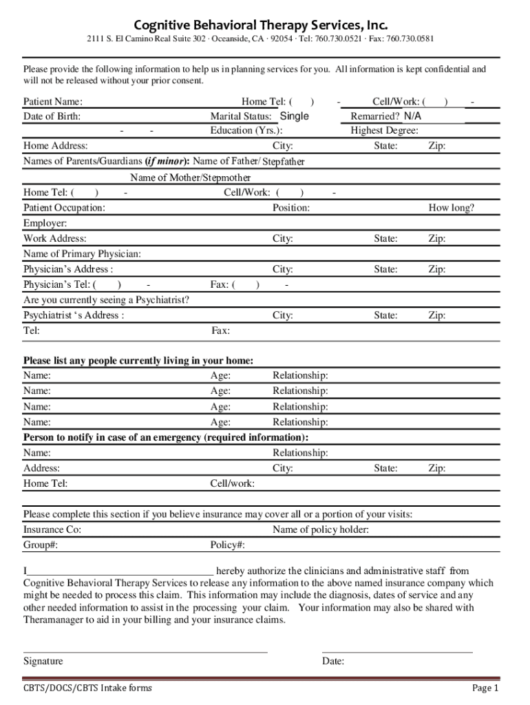Fillable Online Cognitive Behavioral Therapy Services: Employee Directory Fax Email Print ...