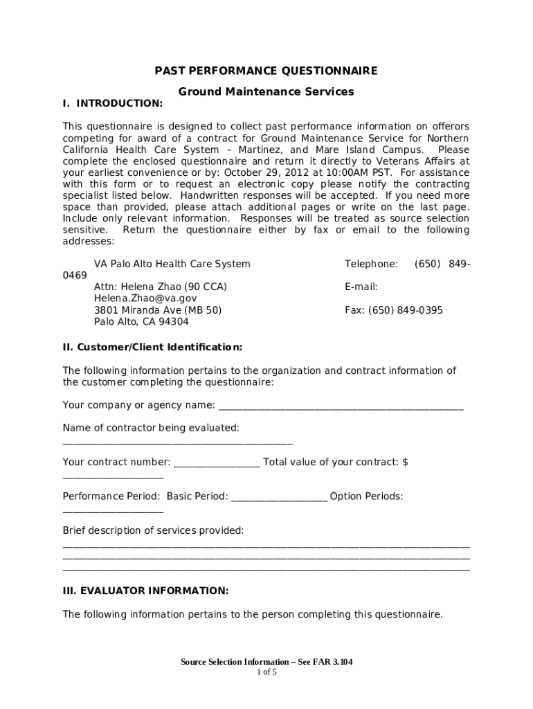 This questionnaire is designed to collect past perance ination on offerors competing for award ...