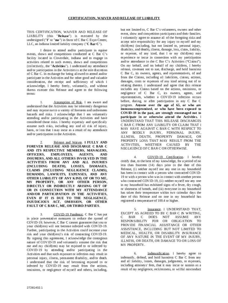 certification, waiver and release of liability Doc Template | pdfFiller