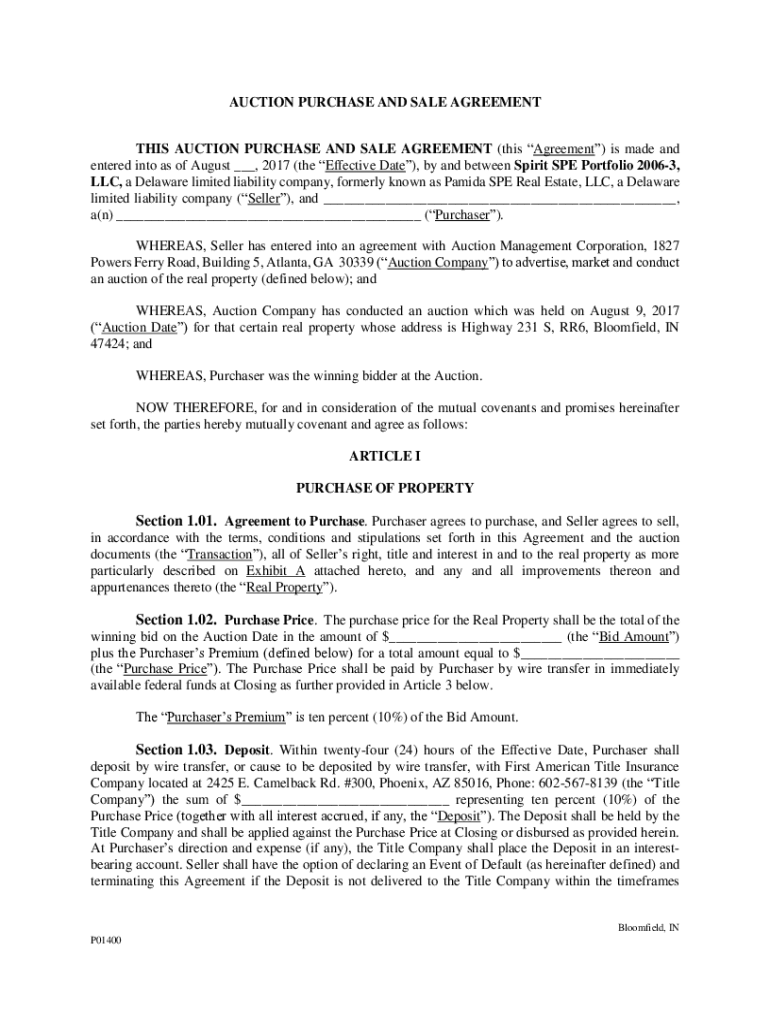 Fillable Online THIS AUCTION PURCHASE AND SALE AGREEMENT (this ...