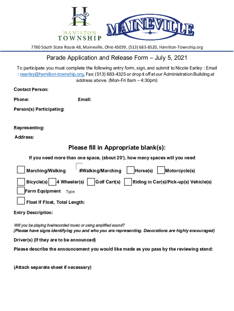Fillable Online Parade Application and Release FormJuly 5, 2021 Fax ...
