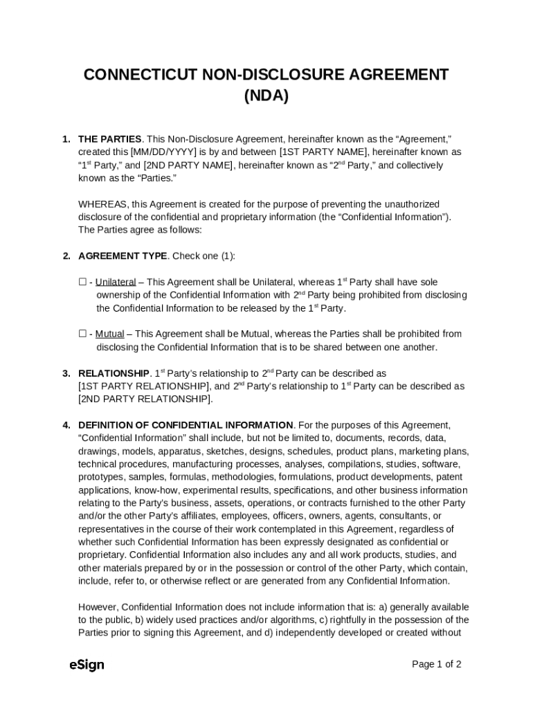 CONNECTICUT NON-DISCLOSURE AGREEMENT (NDA) Doc Template | pdfFiller