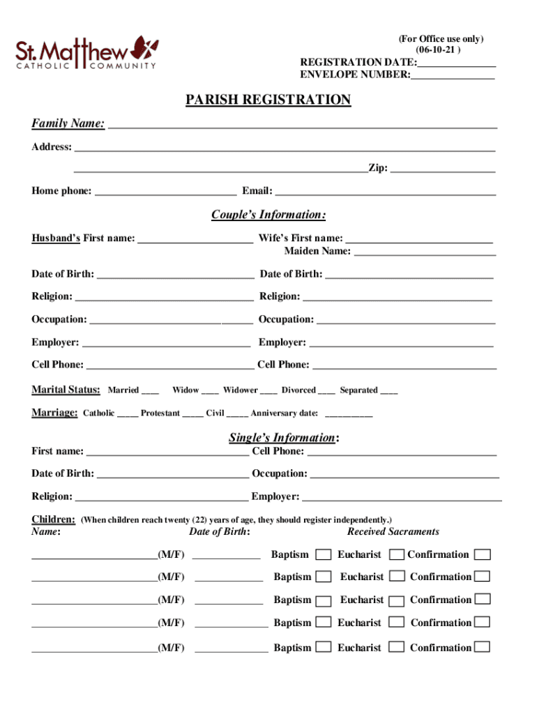 Fillable Online Epiphany Catholic Church Parish Registration Form Fax ...