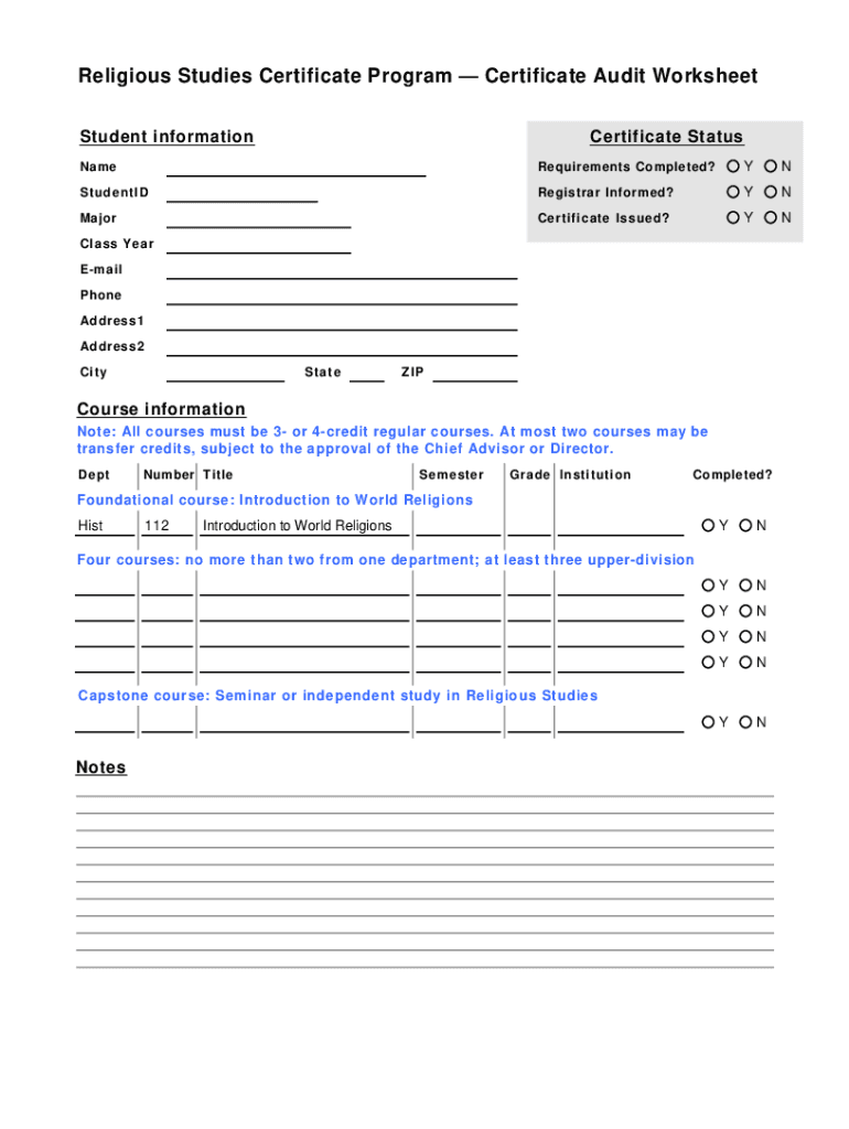 Fillable Online Religous Studies Certificate Program Fax Email Print ...