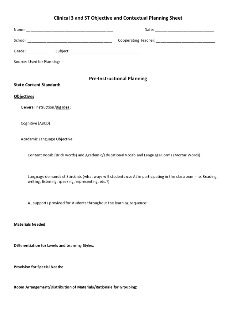 Fillable Online Clinical 3 and ST Objective and Contextual Planning ...