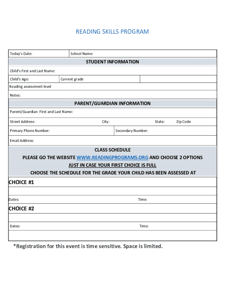 Fillable Online READING SKILLS PROGRAM Fax Email Print - pdfFiller