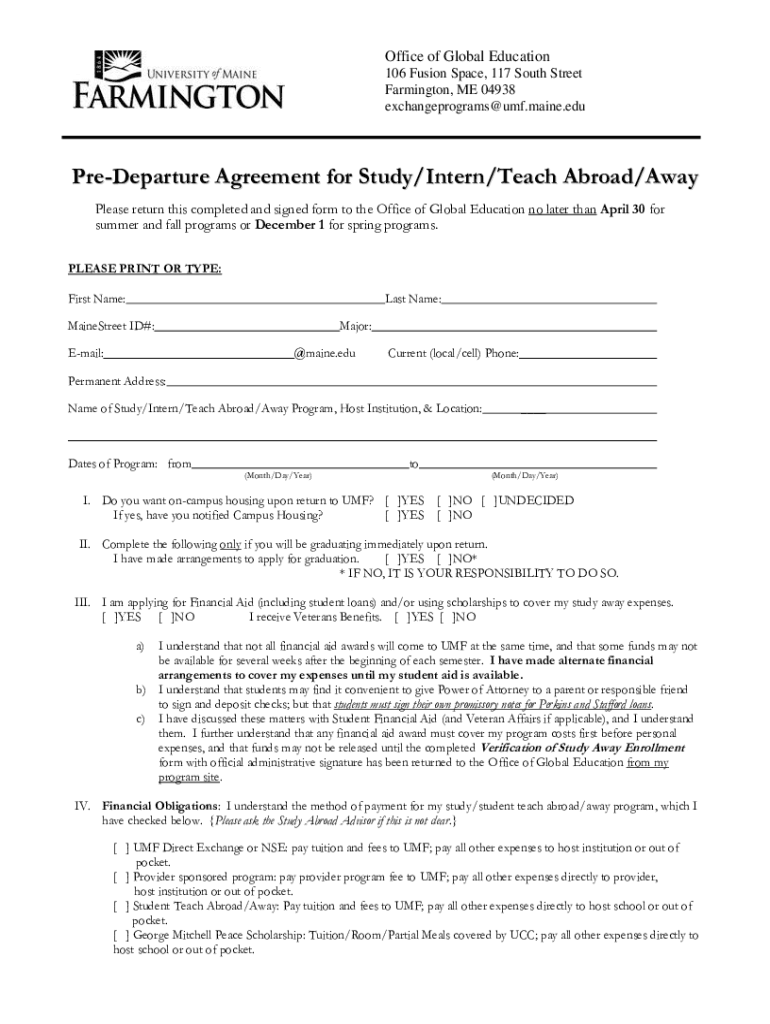 Fillable Online Pre-Departure Agreement for Study/Intern/Teach Abroad ...