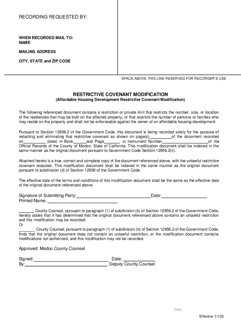Fillable Online Restrictive Covenant Modification (Affordable Housing ...