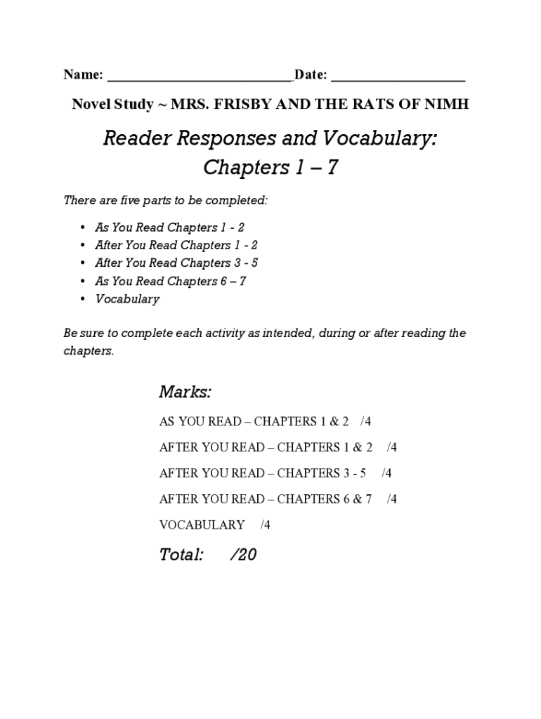 Fillable Online Mrs. Frisby and the Rats of Nimh Novel Study FREE ...