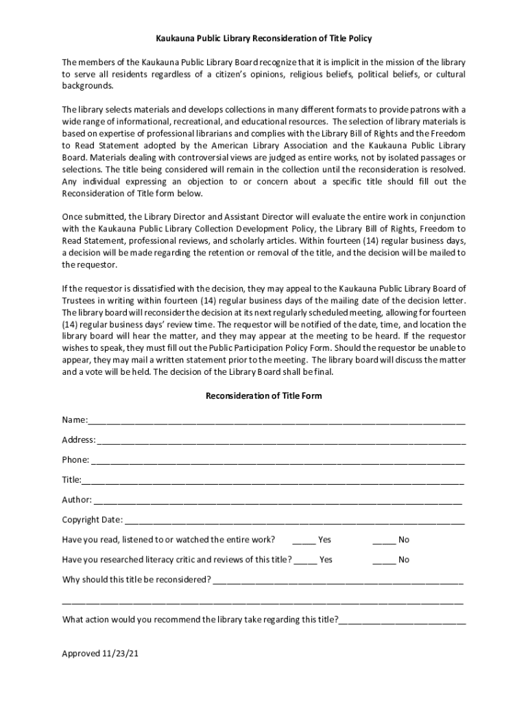Fillable Online Patron Request Policy for Reconsideration of Library ...