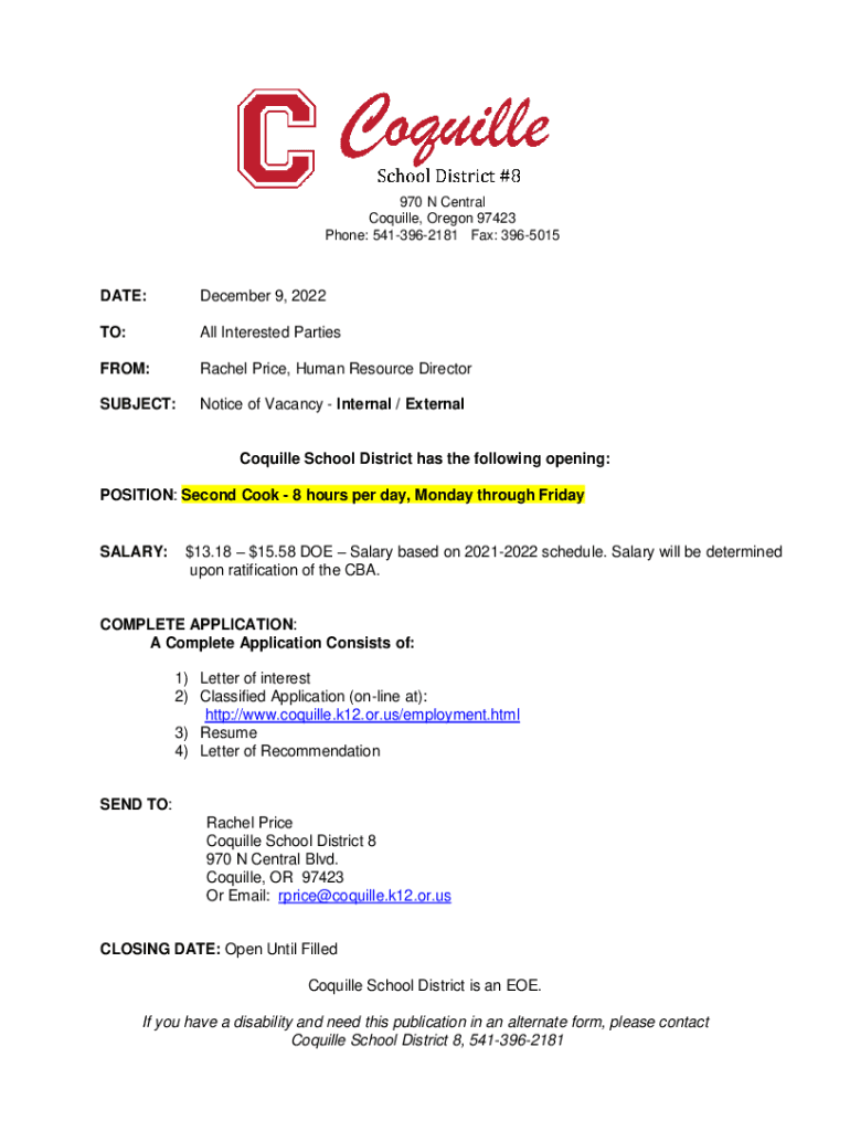 Fillable Online High School Secretary Job Opening in Coquille, OR ...