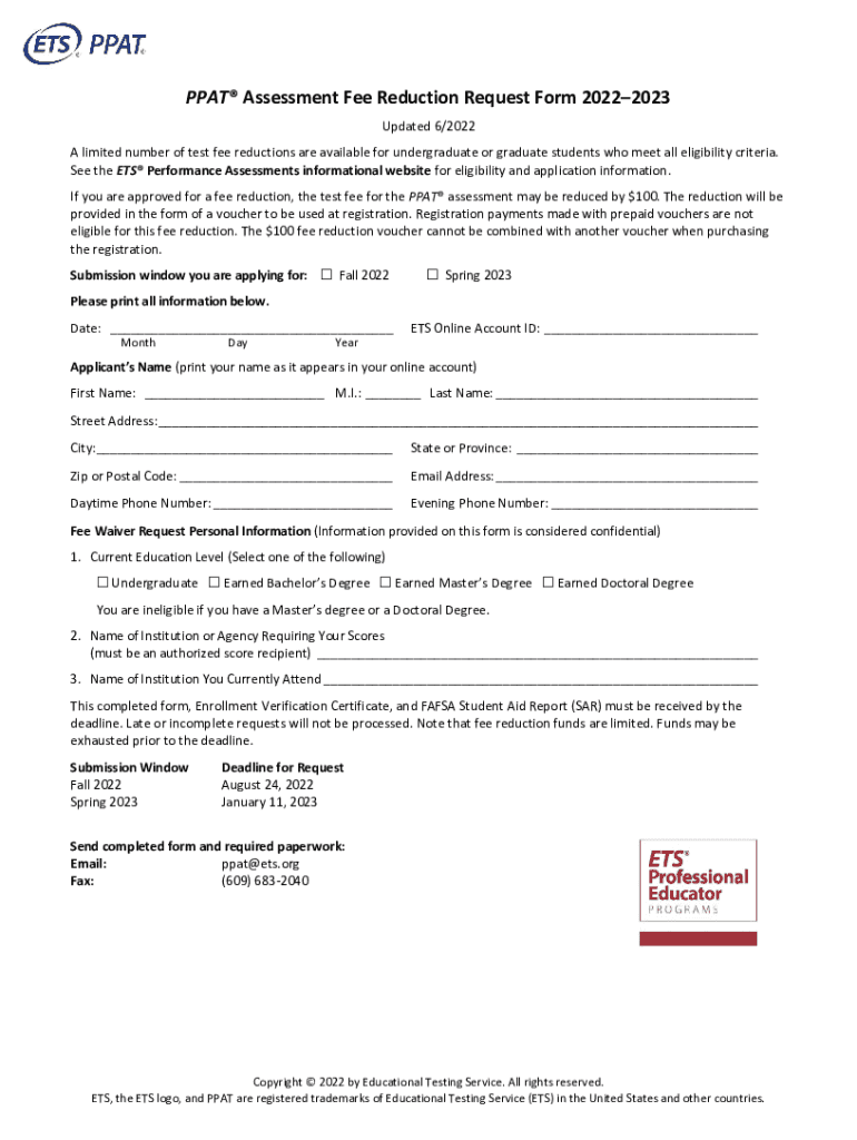 Fillable Online PPAT Assessment Fee Reduction Request Form 20222023 Fax ...