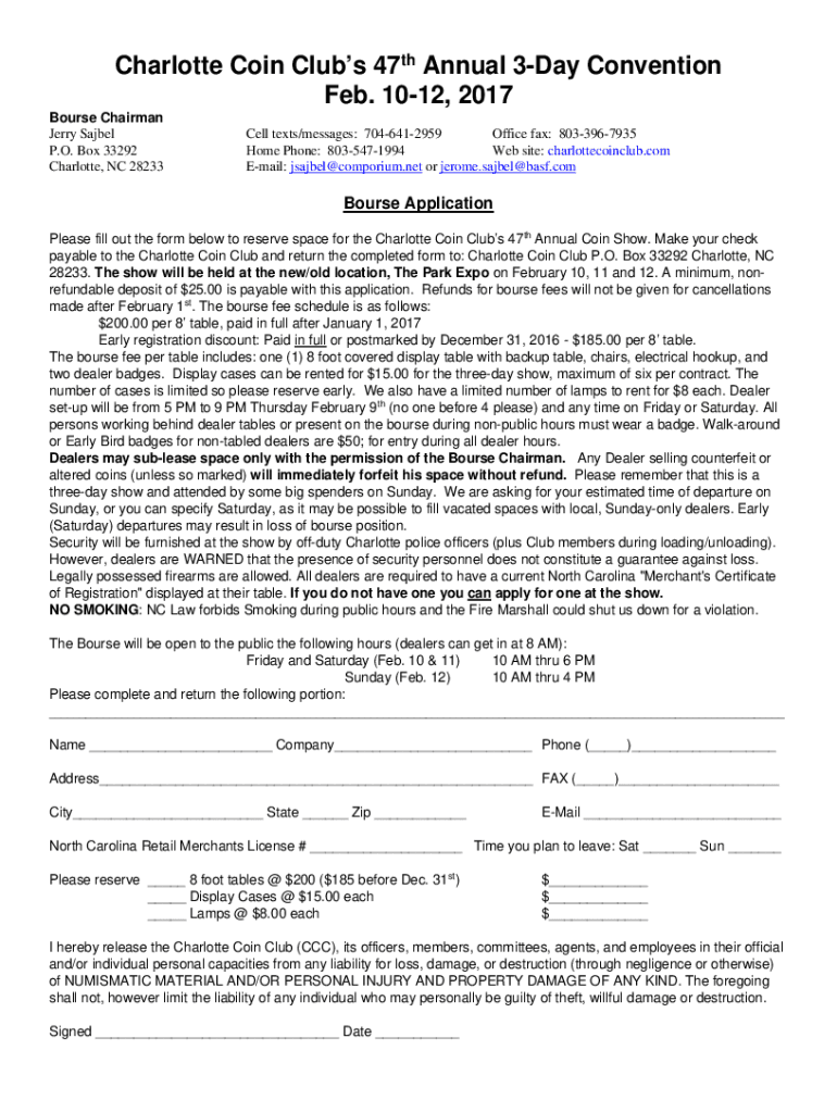 Fillable Online Charlotte Coin Club's 47th Annual 3-Day Convention Feb. ... Fax Email Print ...