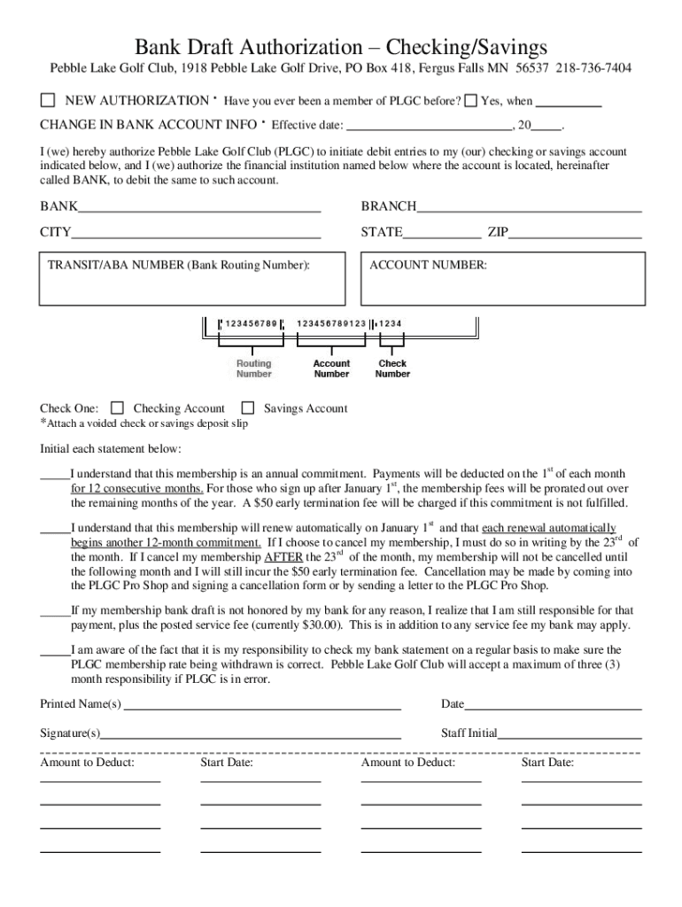 Fillable Online Bank Draft AuthorizationChecking/Savings Fax Email ...
