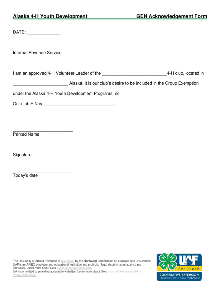 Fillable Online Alaska 4-H Youth Development GEN Acknowledgement ...