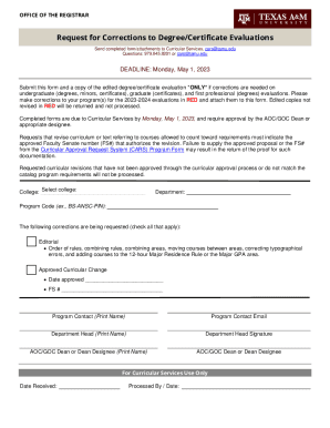 Fillable Online registrar tamu Request for Correctionsto Degree/Certificate Evaluations Fax ...