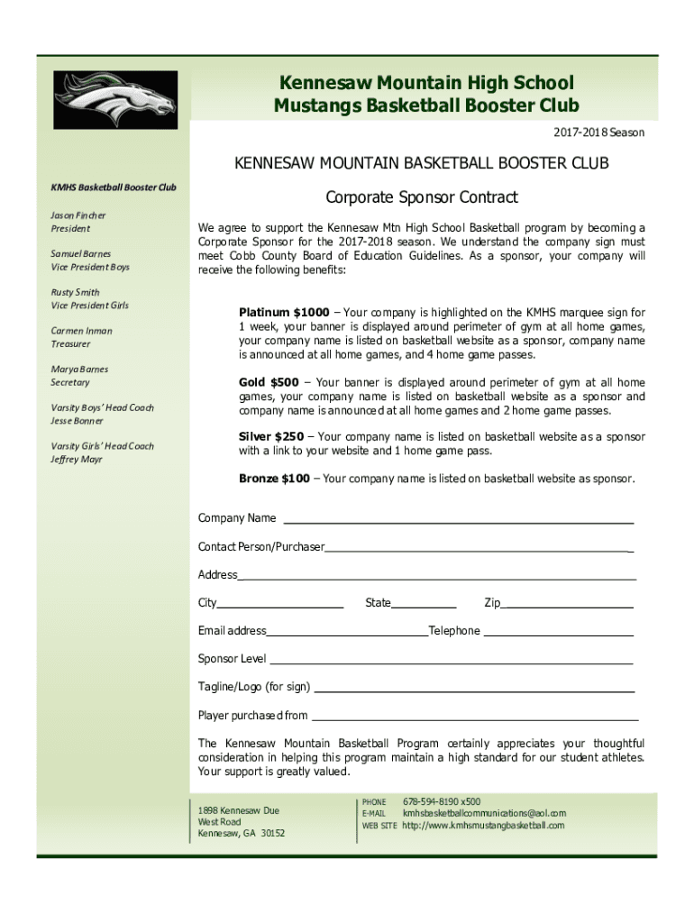 Fillable Online Kennesaw Mountain High School Basketball Booster Club ...