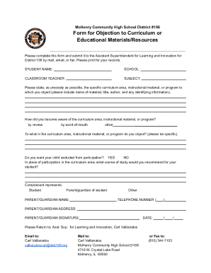 Fillable Online MCHS Curriculum/Materials Objection Form Fax Email ...