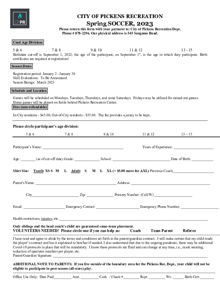 Fillable Online Spring Soccer Registration Form.doc Fax Email Print - pdfFiller