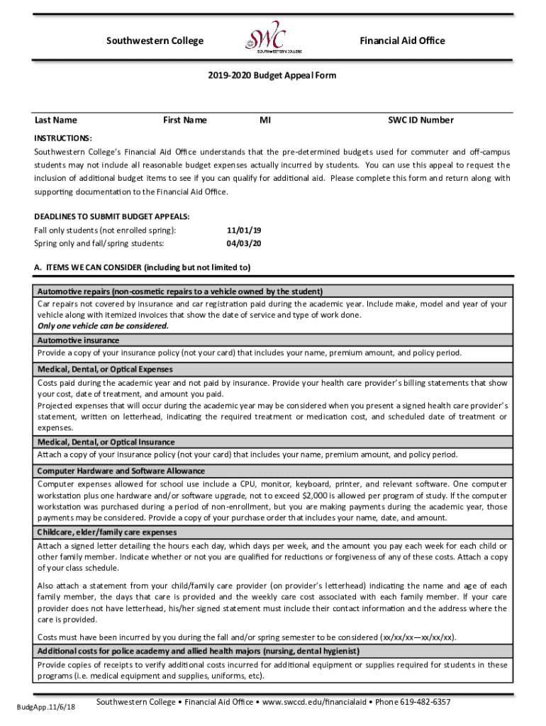 Fillable Online Financial Aid - Student Services - Southwestern College ...