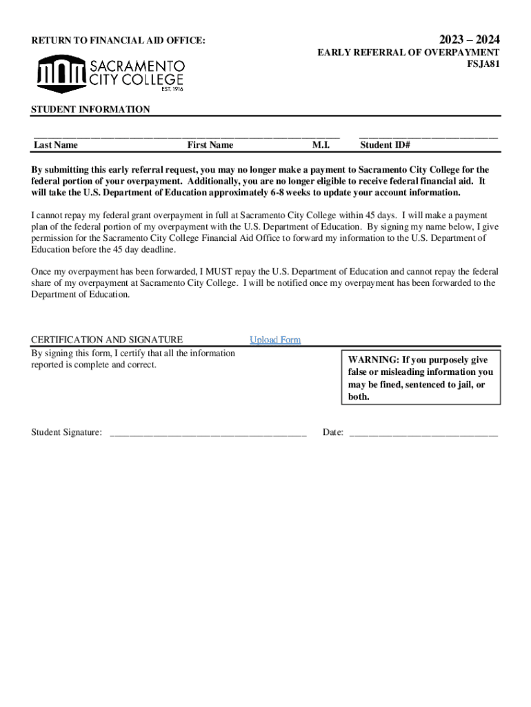 Fillable Online scc losrios EARLY REFERRAL OF OVERPAYMENT Fax Email ...